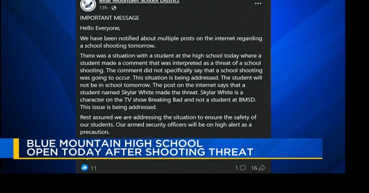 Blue Mountain High School open Friday after shooting threat | Poconos and Coal Region | wfmz.com