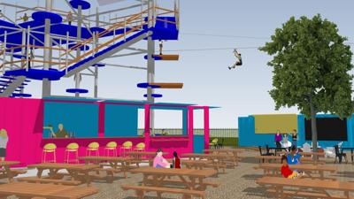 Outdoor adventure venue, featuring ropes course, ziplines, beer garden ...
