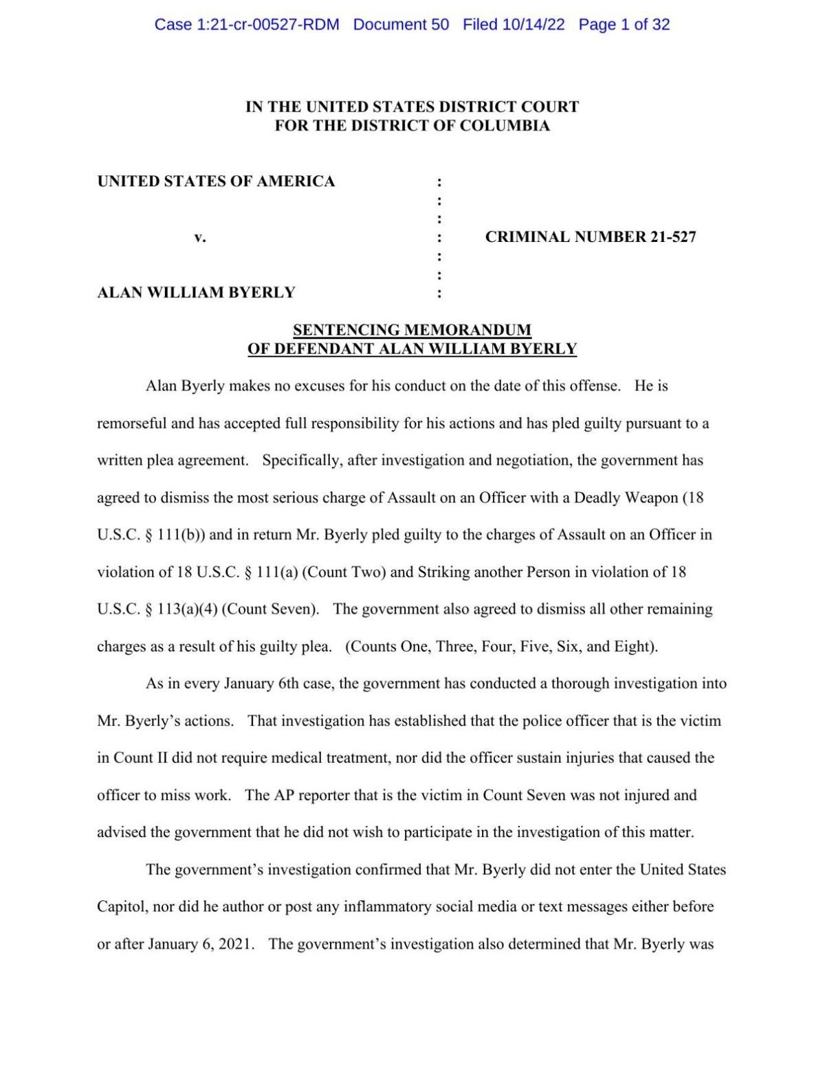 Alan Byerly defense sentencing memorandum | | wfmz.com