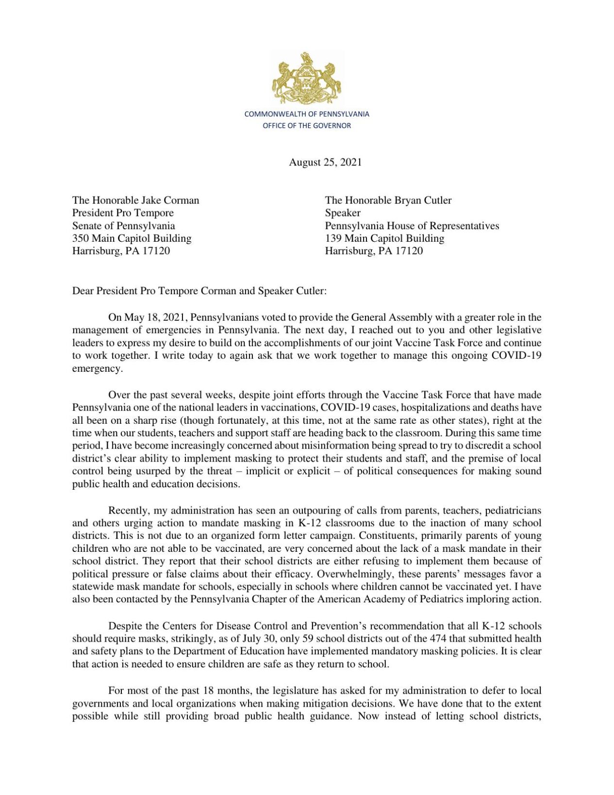 Gov. Wolf letter about school mask mandate | | wfmz.com