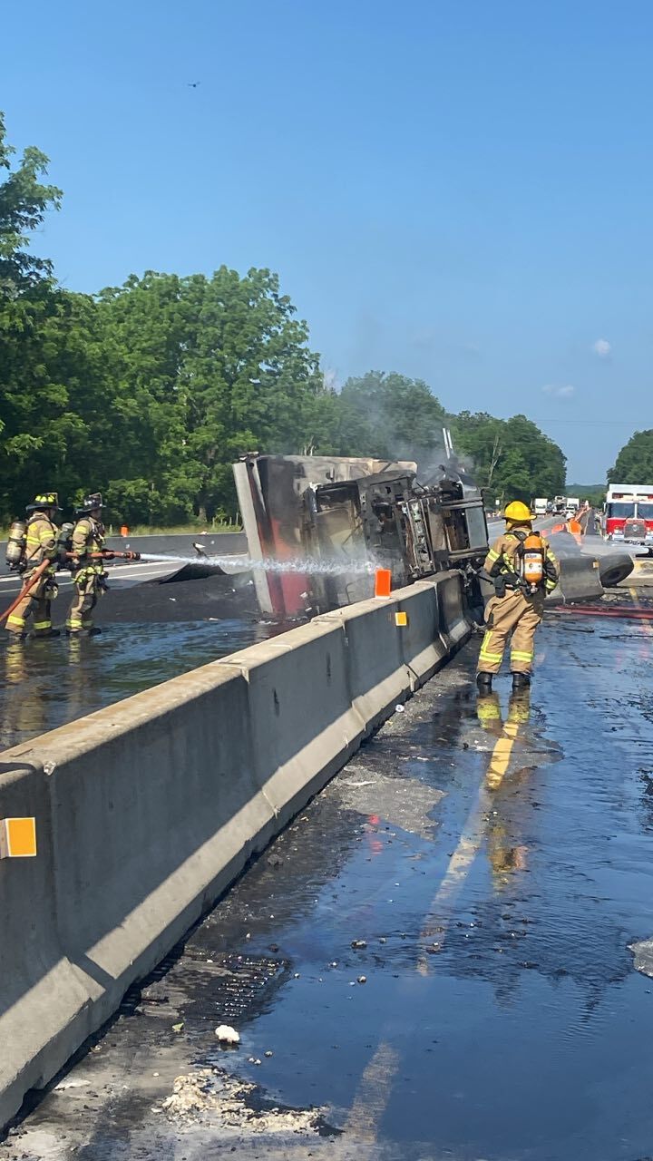 Section of Route 209 closed after dump truck rollover, fire in Stroud ...