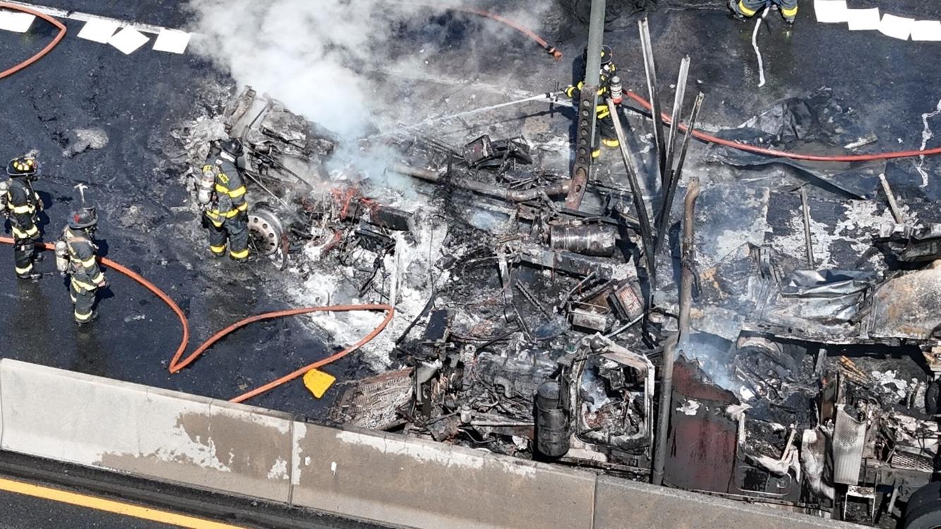 PHOTOS AND VIDEO: Fiery crash involving 2 tractor trailers on Northeast Extension | Lehigh ...