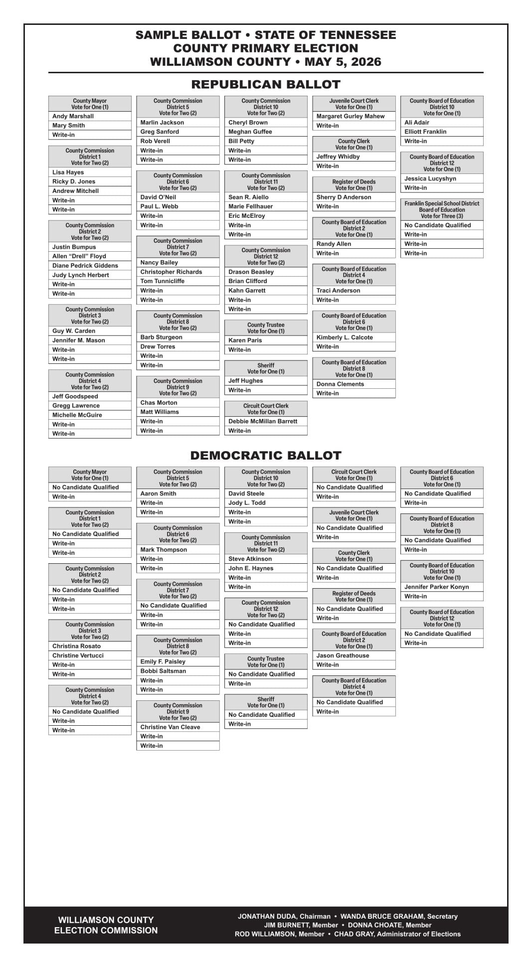 SAMPLE BALLOT • STATE OF TENNESSEE | Public Notices | williamsonherald.com