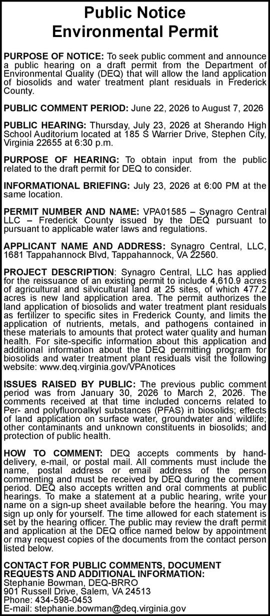 Public Notice – Environmental Permit | Notices | winchesterstar.com