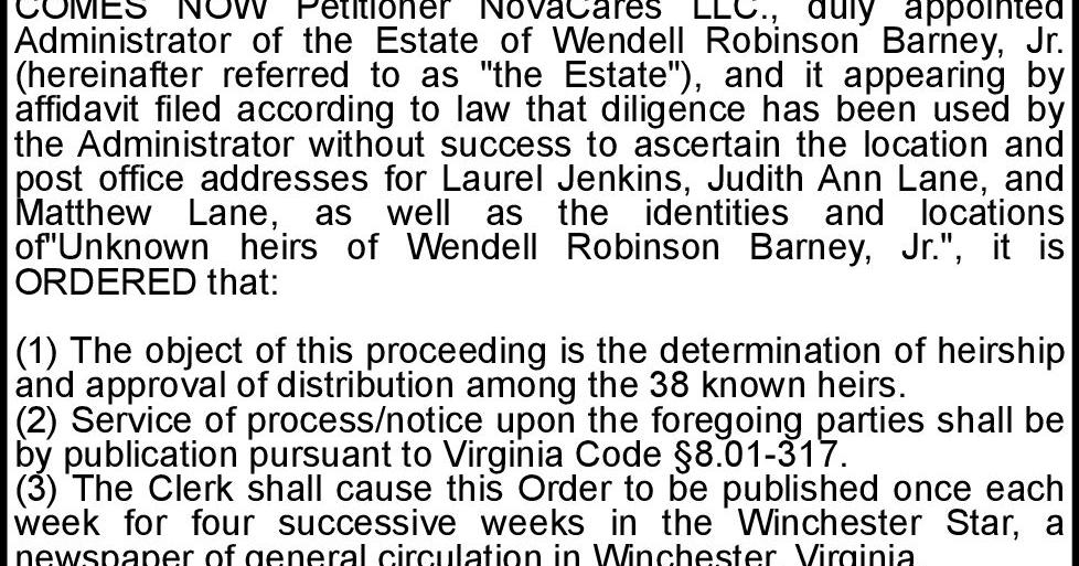 Estate of Wendell Robinson Barney | Notices | winchesterstar.com
