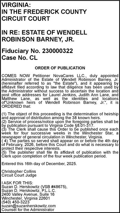 Estate of Wendell Robinson Barney | Notices | winchesterstar.com