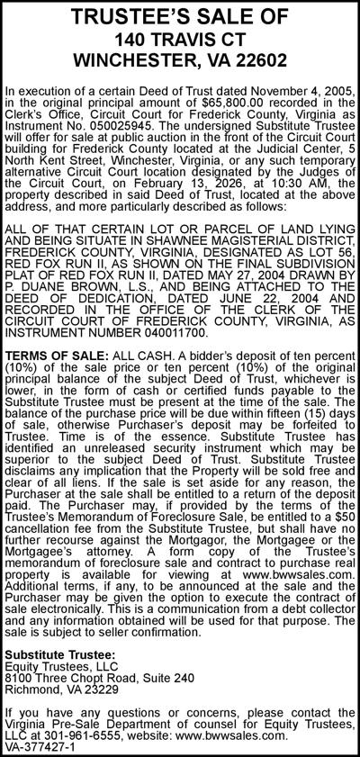 140 Travis Ct | VA-377427 | 1/8 1/15/26 | Notices | winchesterstar.com