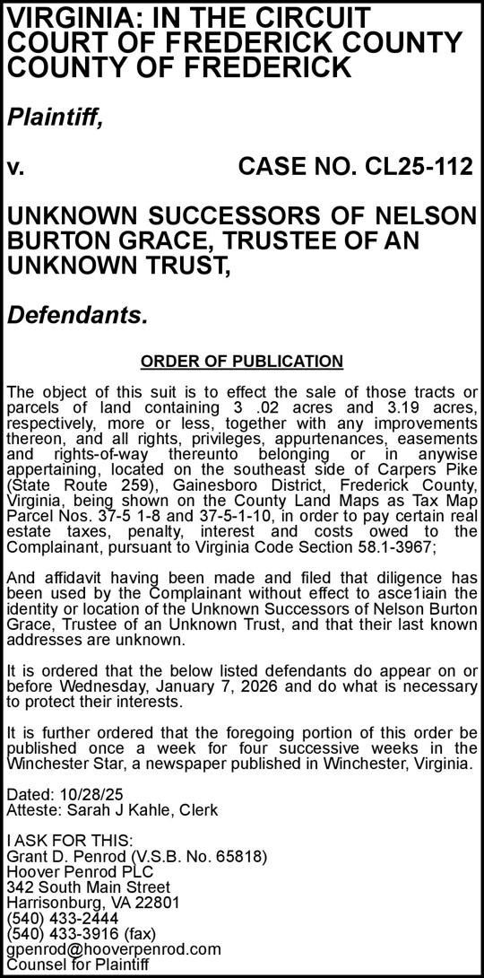 County of Frederick v Grace Case No CL25-112 | Notices | winchesterstar.com