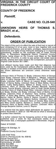 County of Frederick v Thomas Brady | 9/26 10/3 10/10 10/17/25 | Notices ...