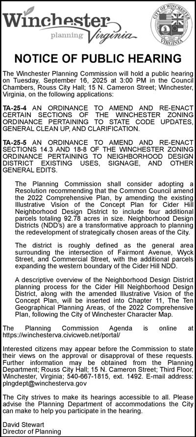 Planning Commission Public Hearing 9-16 | Notices | winchesterstar.com