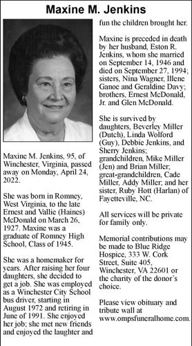 Maxine M. Jenkins | Obituaries | winchesterstar.com