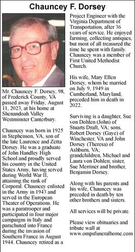 Chauncey F. Dorsey | Obituaries | winchesterstar.com