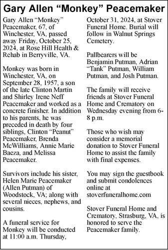Gary Allen “Monkey” Peacemaker | Obituaries | winchesterstar.com