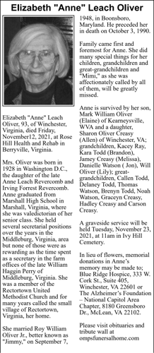 Elizabeth "Anne" Leach Oliver | Obituaries | winchesterstar.com