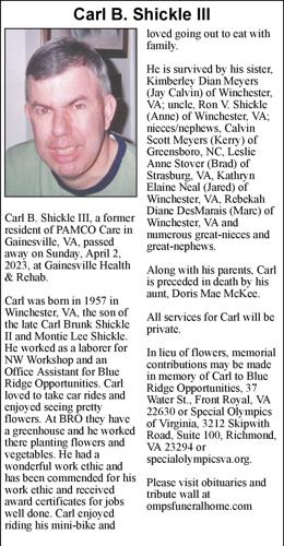 Carl B. Shickle III | Obituaries | winchesterstar.com
