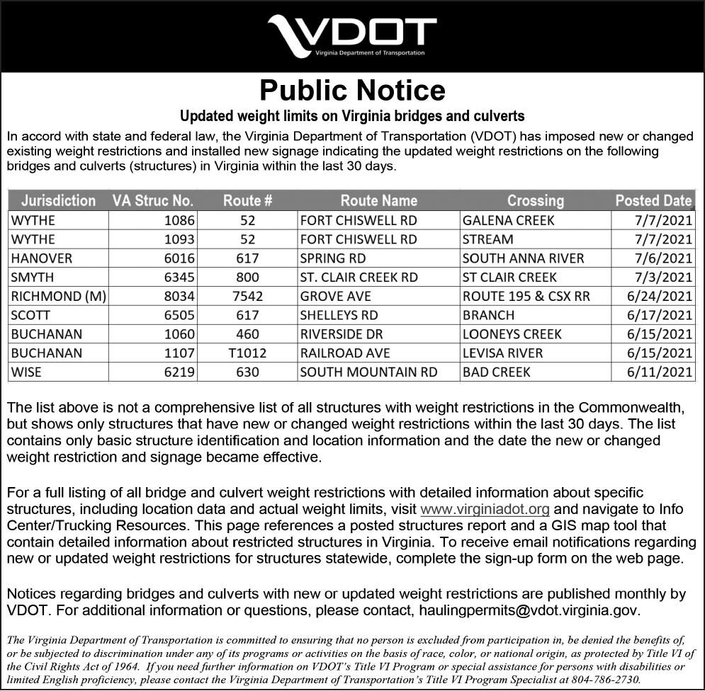 VDOT Updated Weight Limits | Notices | winchesterstar.com