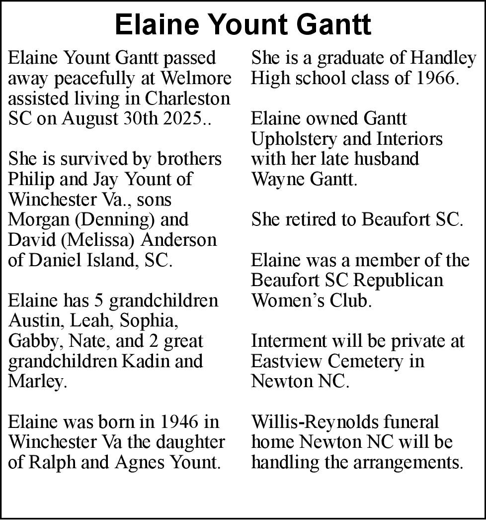 Elaine Yount Gantt | Obituaries | winchesterstar.com