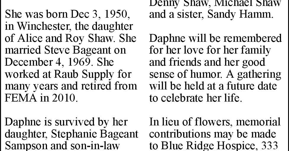 Daphne Shaw Bageant | Obituaries | winchesterstar.com