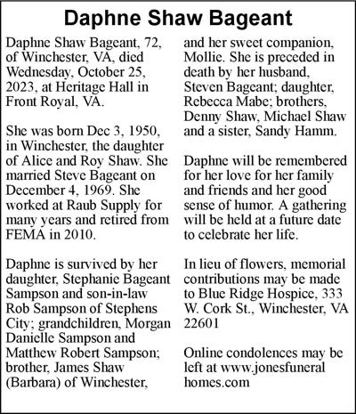 Daphne Shaw Bageant | Obituaries | winchesterstar.com
