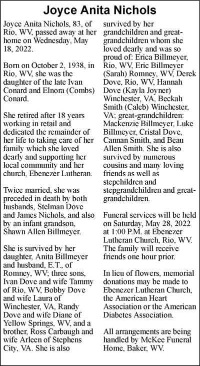 Joyce Anita Nichols | Obituaries | winchesterstar.com