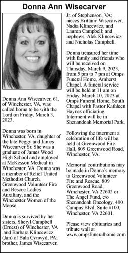 Donna Ann Wisecarver | Obituaries | winchesterstar.com