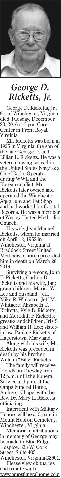 George D. Ricketts, Jr. | Obituaries | winchesterstar.com
