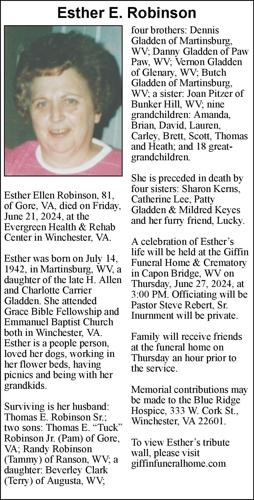 Esther E. Robinson | Obituaries | winchesterstar.com