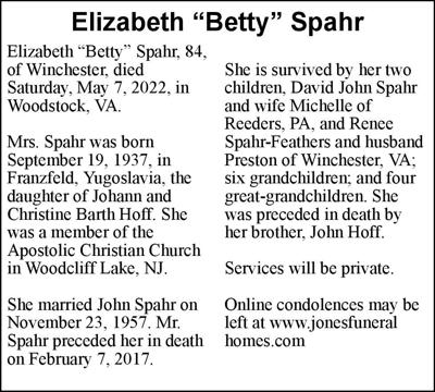 Elizabeth “Betty” Spahr | Obituaries | winchesterstar.com