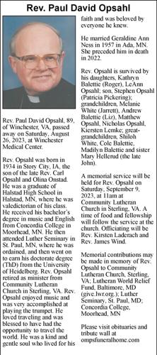 Rev. Paul David Opsahl | Obituaries | winchesterstar.com