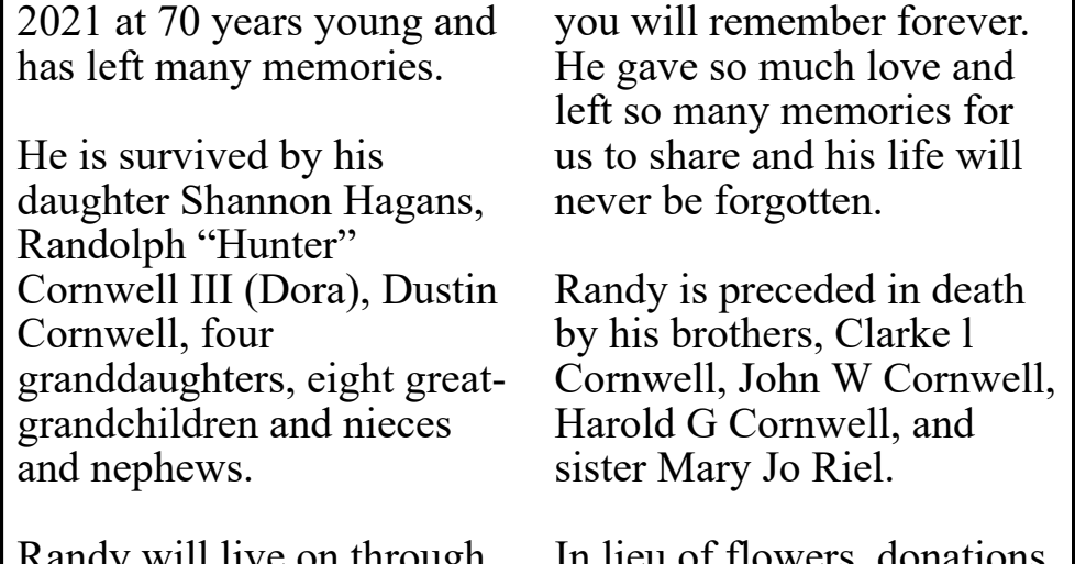 Randolph Hunter “RANDY” Cornwell II | Obituaries | winchesterstar.com