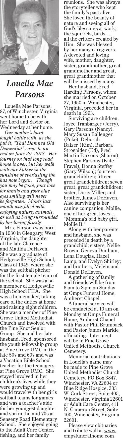 Louella Mae Parsons | Obituaries | winchesterstar.com