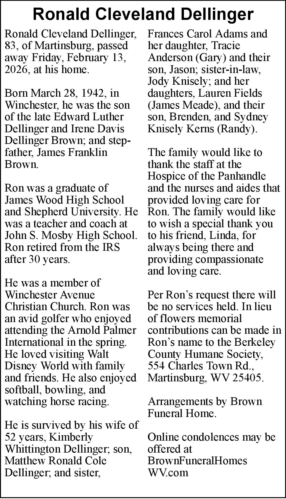 Ronald Cleveland Dellinger | Obituaries | winchesterstar.com