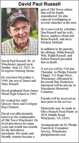 David Paul Russell | Obituaries | winchesterstar.com