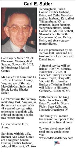 Carl E. Sutler | Obituaries | winchesterstar.com