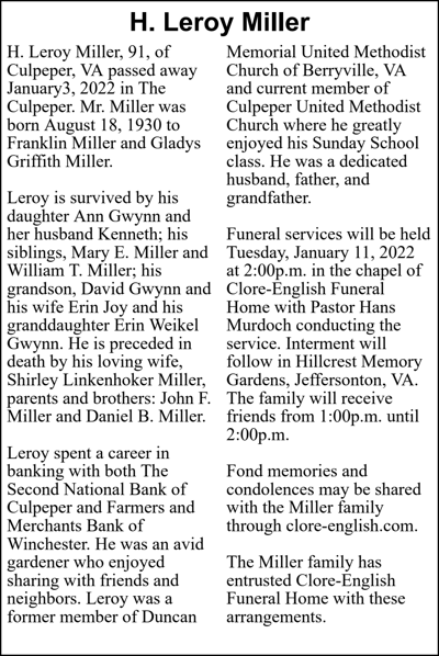 H. Leroy Miller | Obituaries | winchesterstar.com