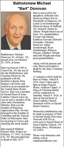 Batholomew Michael "Bart" Donovan | Obituaries | winchesterstar.com