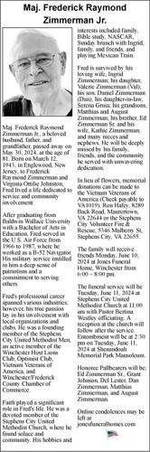 Maj. Frederick Raymond Zimmerman Jr. | Obituaries | winchesterstar.com