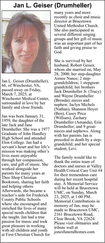 Jan L. Geiser (Drumheller) | Obituaries | winchesterstar.com