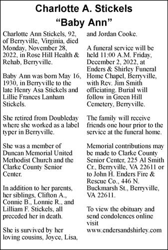 Charlotte A. Stickels “Baby Ann” | Obituaries | winchesterstar.com