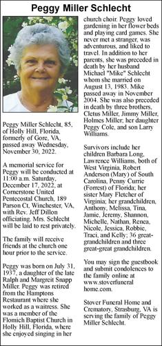 Peggy Miller Schlecht | Obituaries | winchesterstar.com