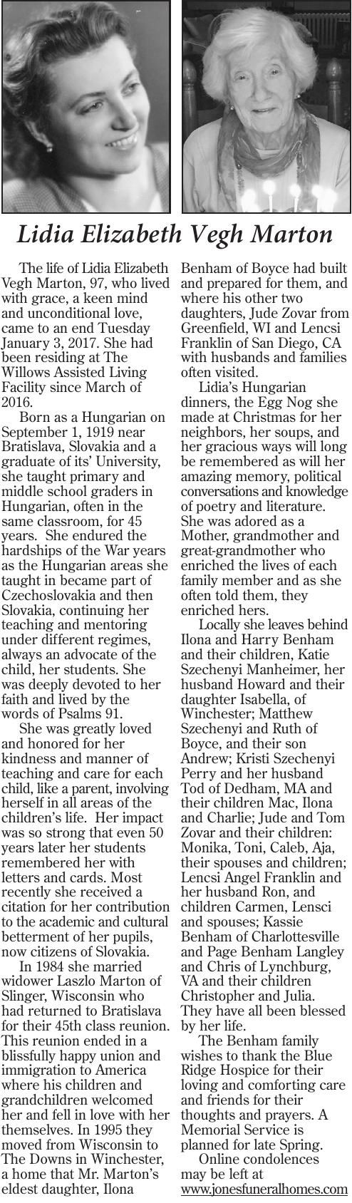 Lidia Elizabeth Vegh Marton | Obituaries | winchesterstar.com