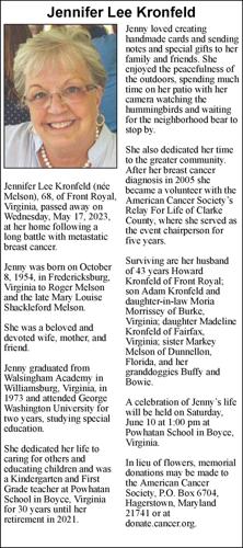 Jennifer Lee Kronfeld | Obituaries | winchesterstar.com