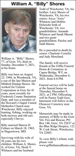 William A. “Billy” Shores | Obituaries | winchesterstar.com