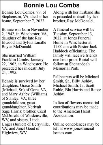 Bonnie Lou Combs | Obituaries | winchesterstar.com
