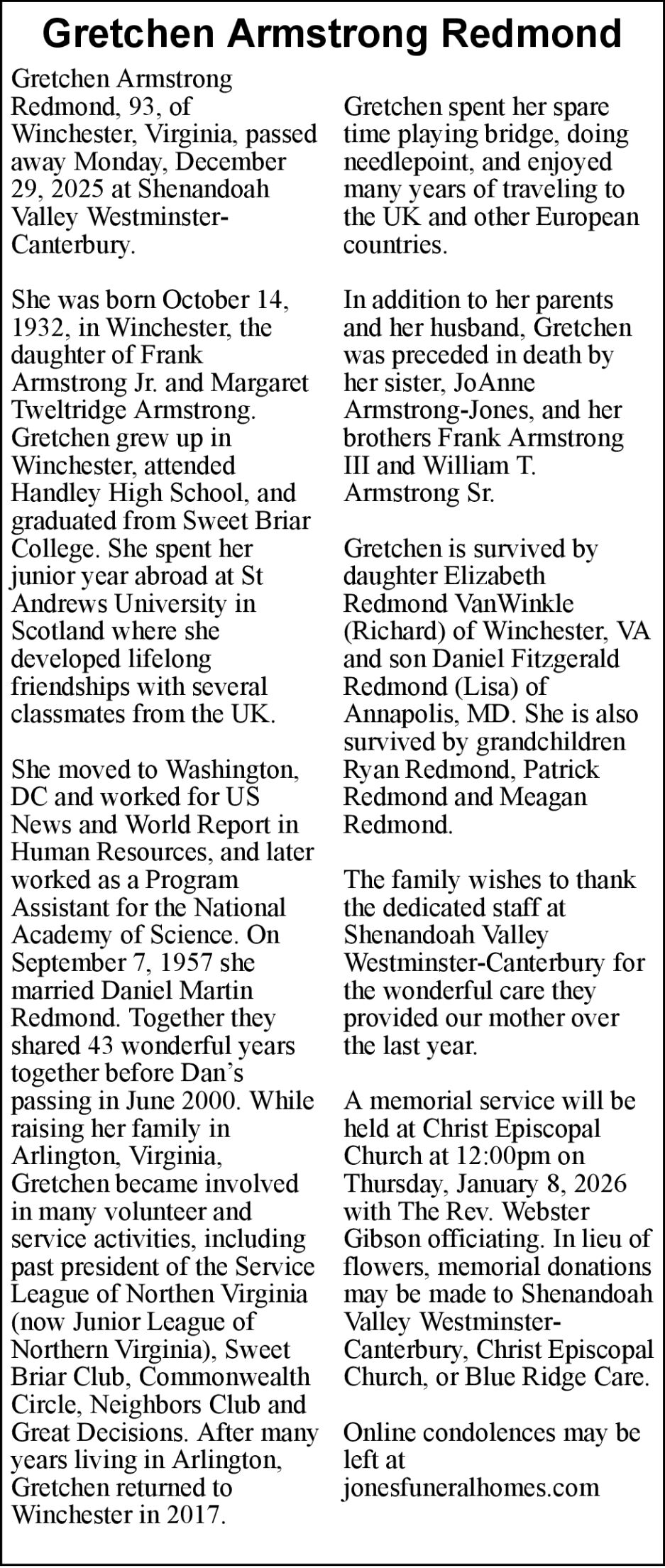 Gretchen Armstrong Redmond | Obituaries | winchesterstar.com