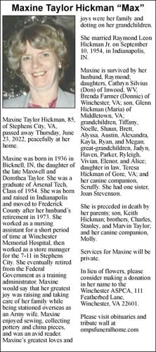 Maxine Taylor Hickman “Max” | Obituaries | winchesterstar.com