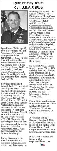Lynn Ramey Wolfe Col. U.S.A.F. (Ret) | Obituaries | winchesterstar.com