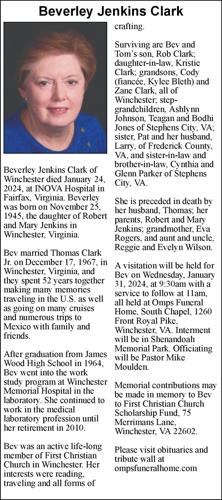 Beverley Jenkins Clark | Obituaries | winchesterstar.com
