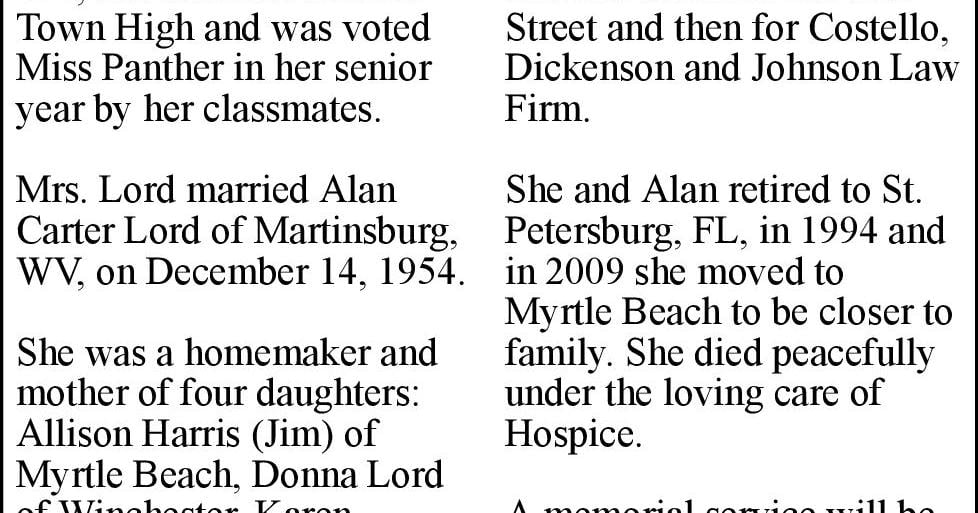 Janice Isabel Rowland Lord | Obituaries | winchesterstar.com