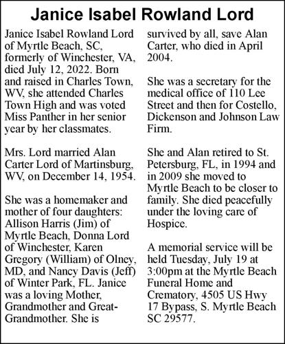 Janice Isabel Rowland Lord | Obituaries | winchesterstar.com